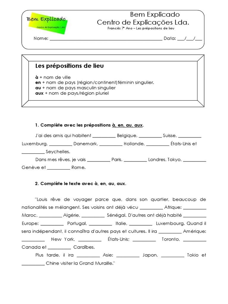 Prépositions de lieu en français 7e année | PDF | Évolution de carrière