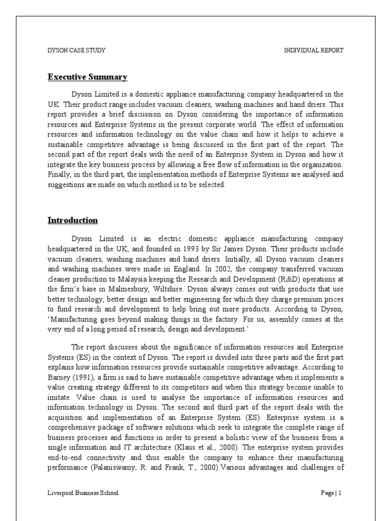 Executive Summary: Dyson Case Study Individual Report | PDF | Business ...