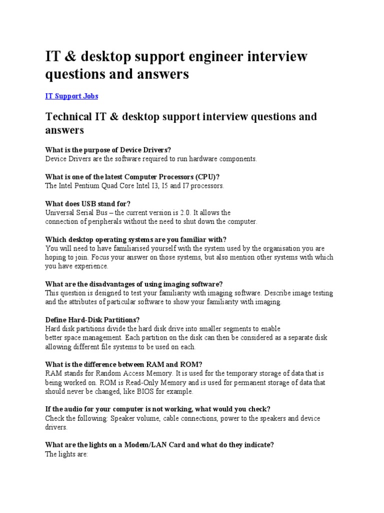 IT & Desktop Support Engineer Interview Questions and Answers ...