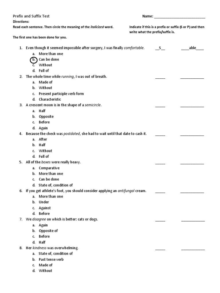 Prefix and Suffix Test | PDF | Verb | Language Mechanics