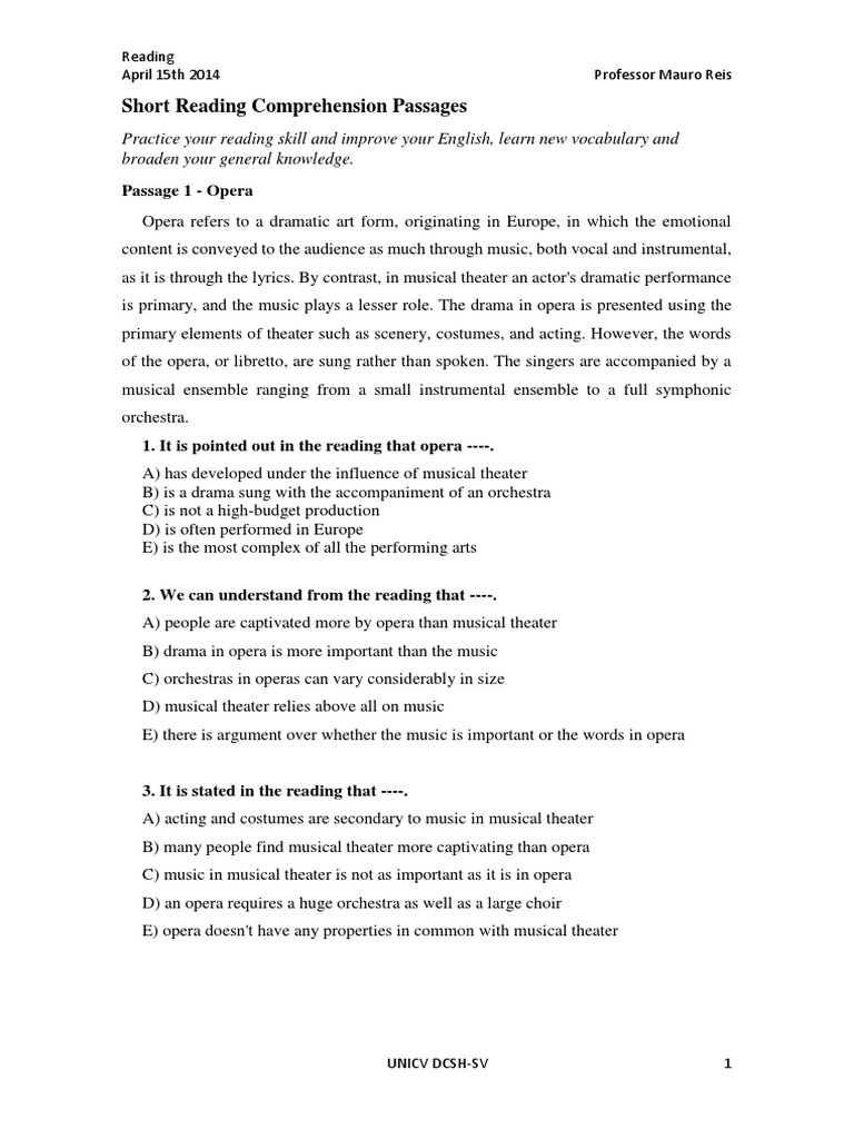 Reading Comprehension Practice | PDF | Opera | Dolphin