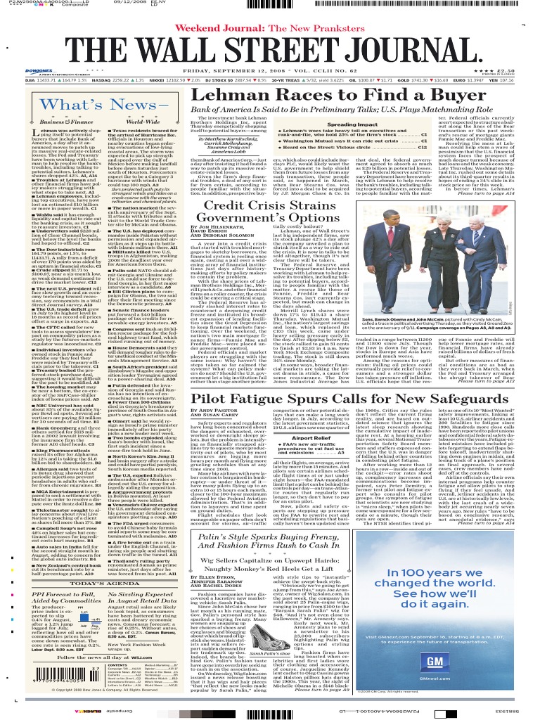 WSJ Front Page Sept 12, 2008 | PDF | Financial Crisis Of 2007–2008 ...