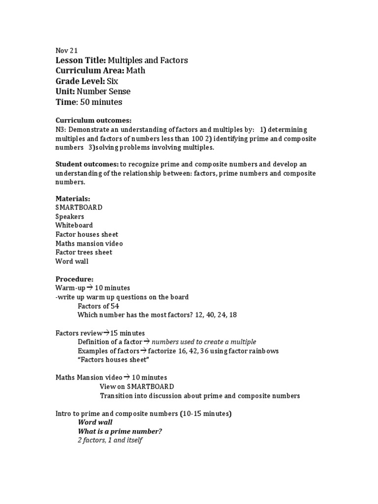 Factors and Multiples Lesson Plan | PDF | Teaching Methods & Materials ...