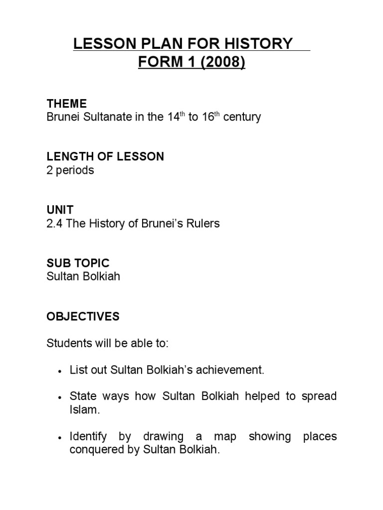 Lesson Plan For History Form 1 (2008) | PDF | Brunei | Lesson Plan