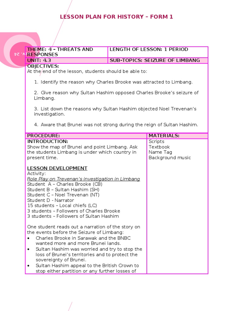 Lesson Plan For History - Form 1 | PDF | Brunei