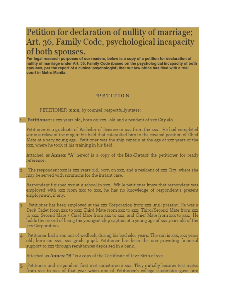 Petition For Declaration of Nullity of Marriage | PDF | Sibling | Marriage