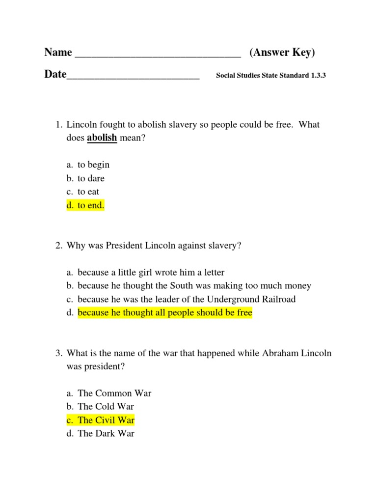 Name - (Answer Key) Date | PDF | Abraham Lincoln | American Civil War