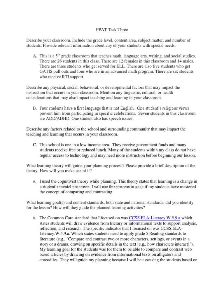 Ppat Task Three Pdf Lesson Plan Goal