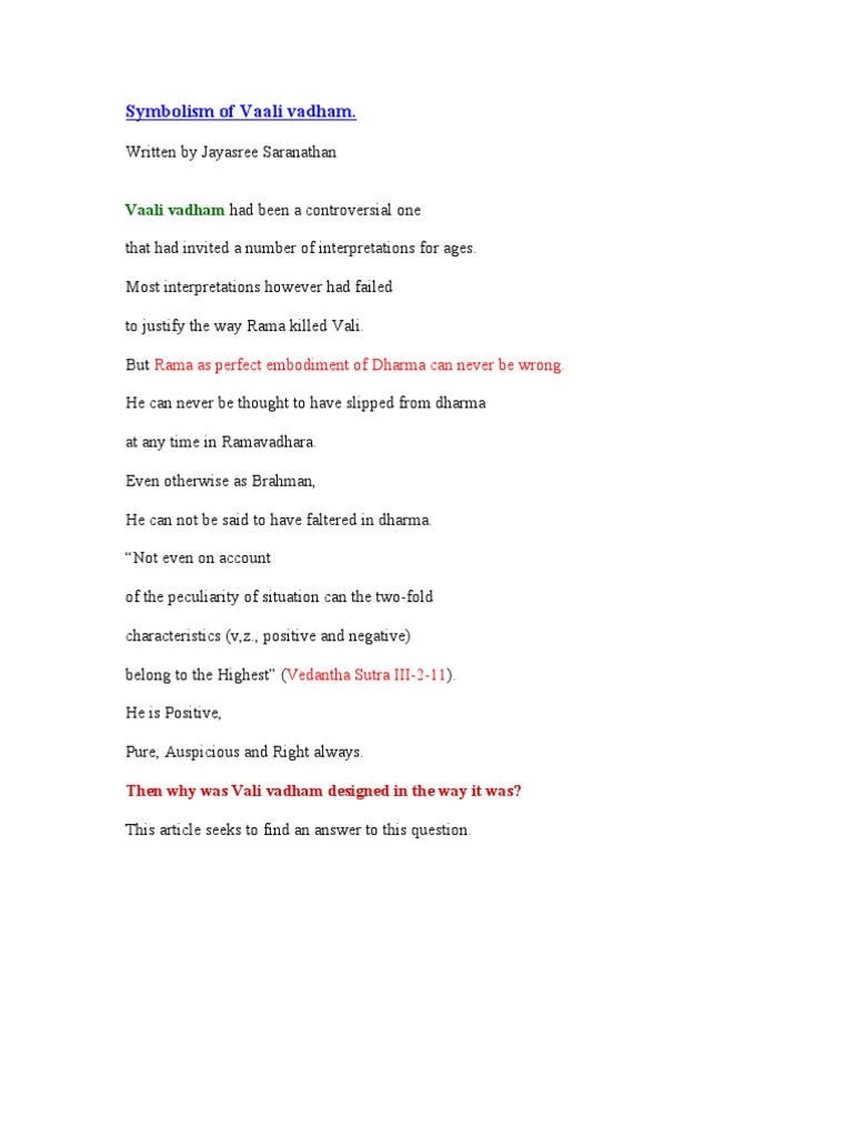 Symbolism of Vaali Vadham | PDF | Sita | Rama