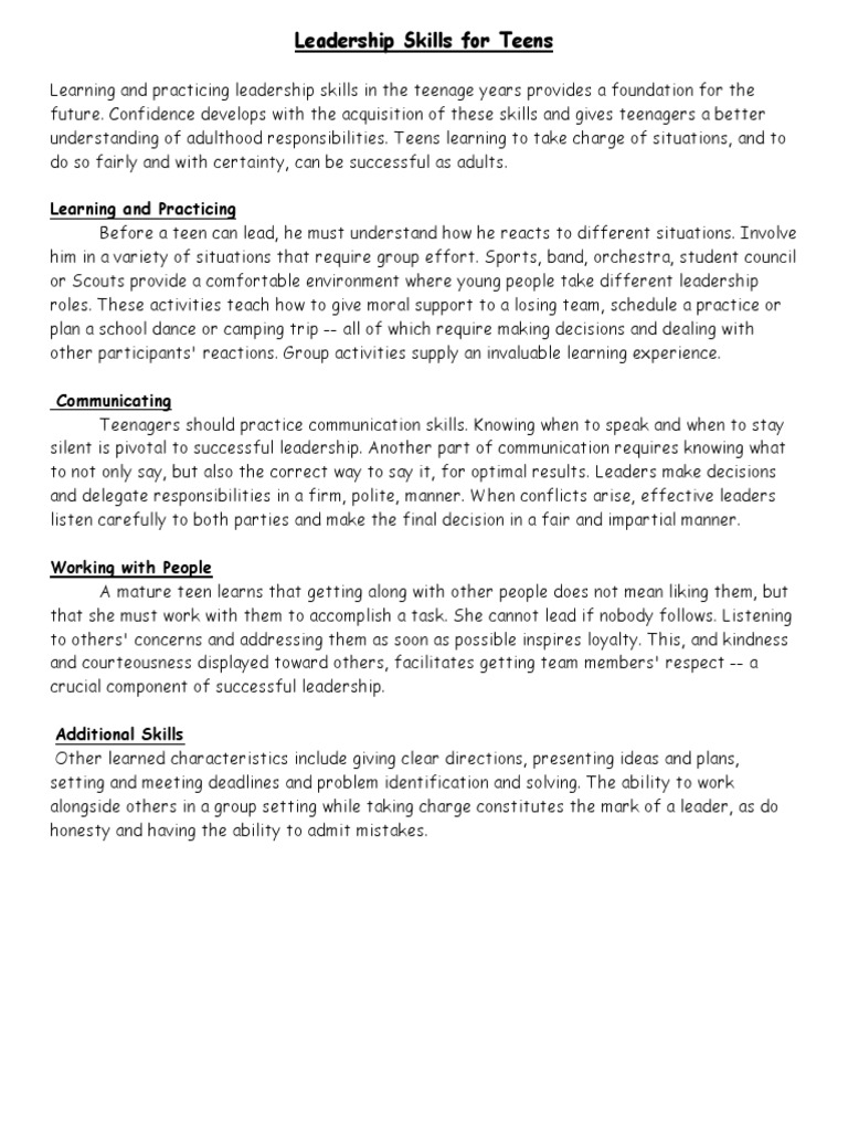 Leadership Skills Development for Teens | PDF