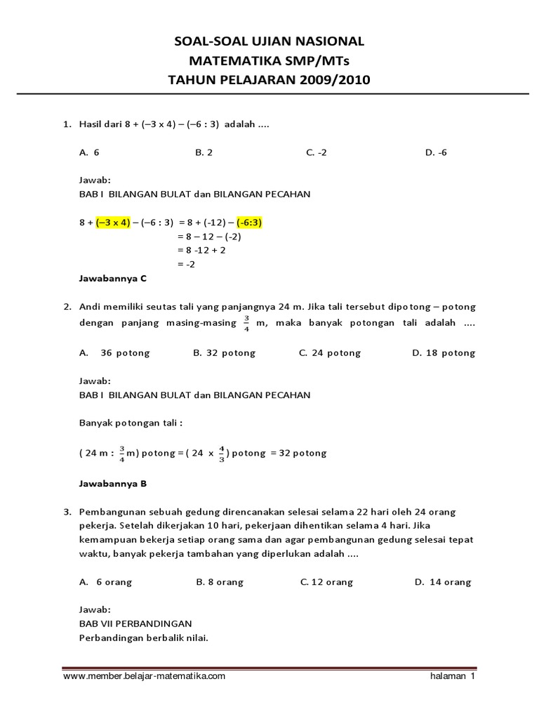 Soal Soal Dan Pembahasan UN Matematika SMP 2010 | PDF