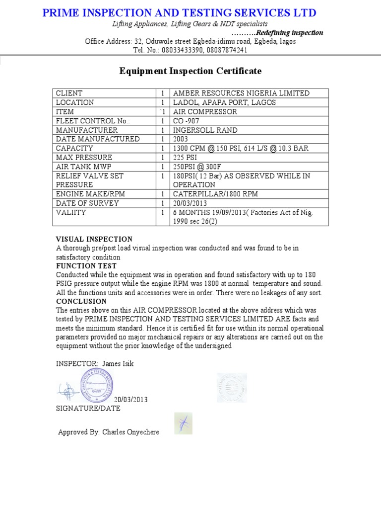 Amber Equipment Inspection Cert Compressor 20 03 2013 | PDF