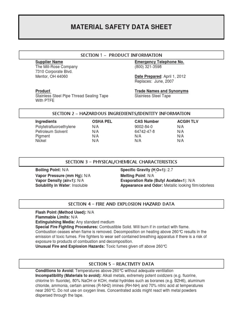 MSDS - Stainless Steel PTFE Tape | PDF | Nickel | Carcinogen