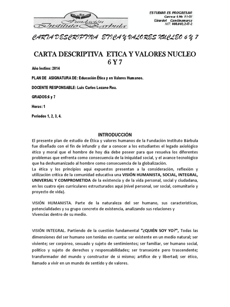 Carta Descriptiva Etica y Valores Nucleo 6 y 7 | PDF | Plan de estudios ...