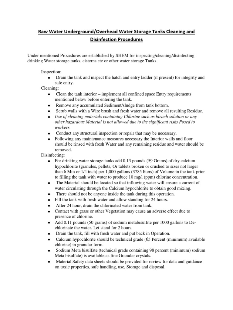 Water Tank Cleaning Procedures | PDF | Chlorine | Water