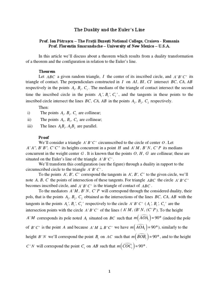 The Duality and The Euler's Line | PDF | Triangle | Classical Geometry
