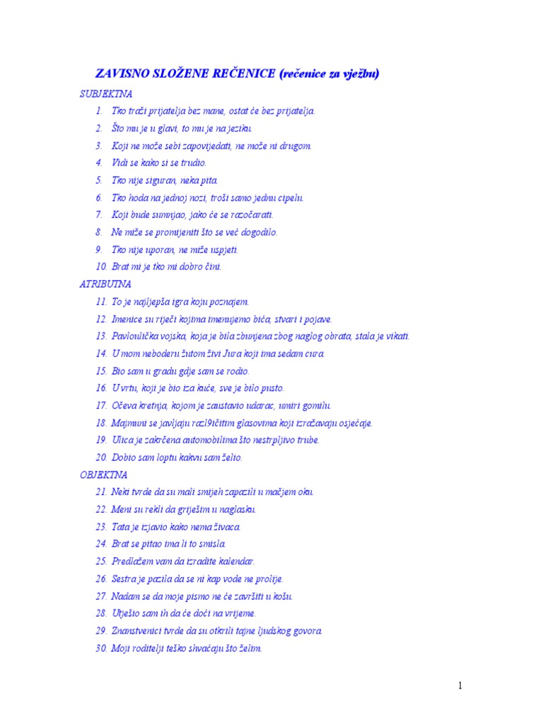 Zavisno Slozene Recenice Recenice Za Vjezbu | PDF
