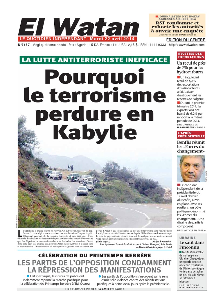 Journal EL WATAN Du 22.04.2014 | PDF | Algérie | Liberté d'expression