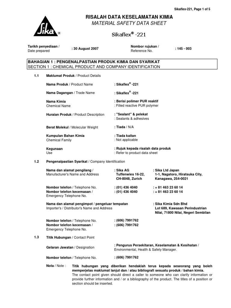MSDS - Sikaflex 221-3 (Clean Room Sealant) | PDF
