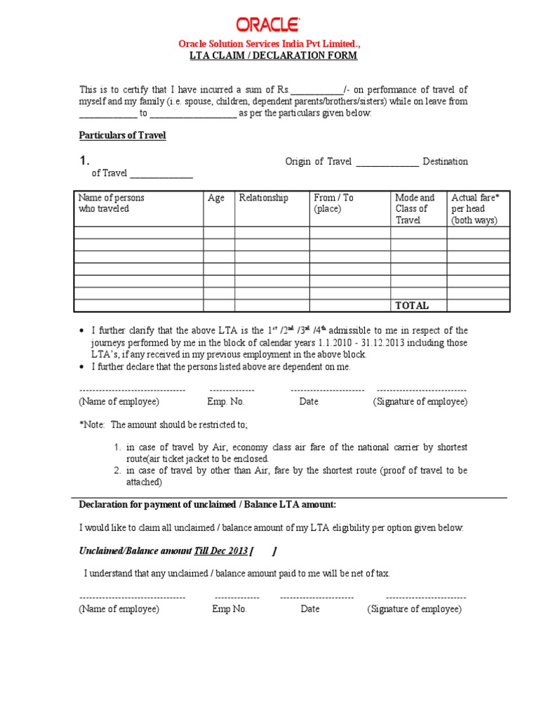 Lta Claim / Declaration Form: Oracle Solution Services India PVT ...