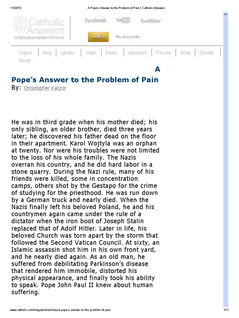 A Pope's Answer To The Problem of Pain - Catholic Answers | PDF ...