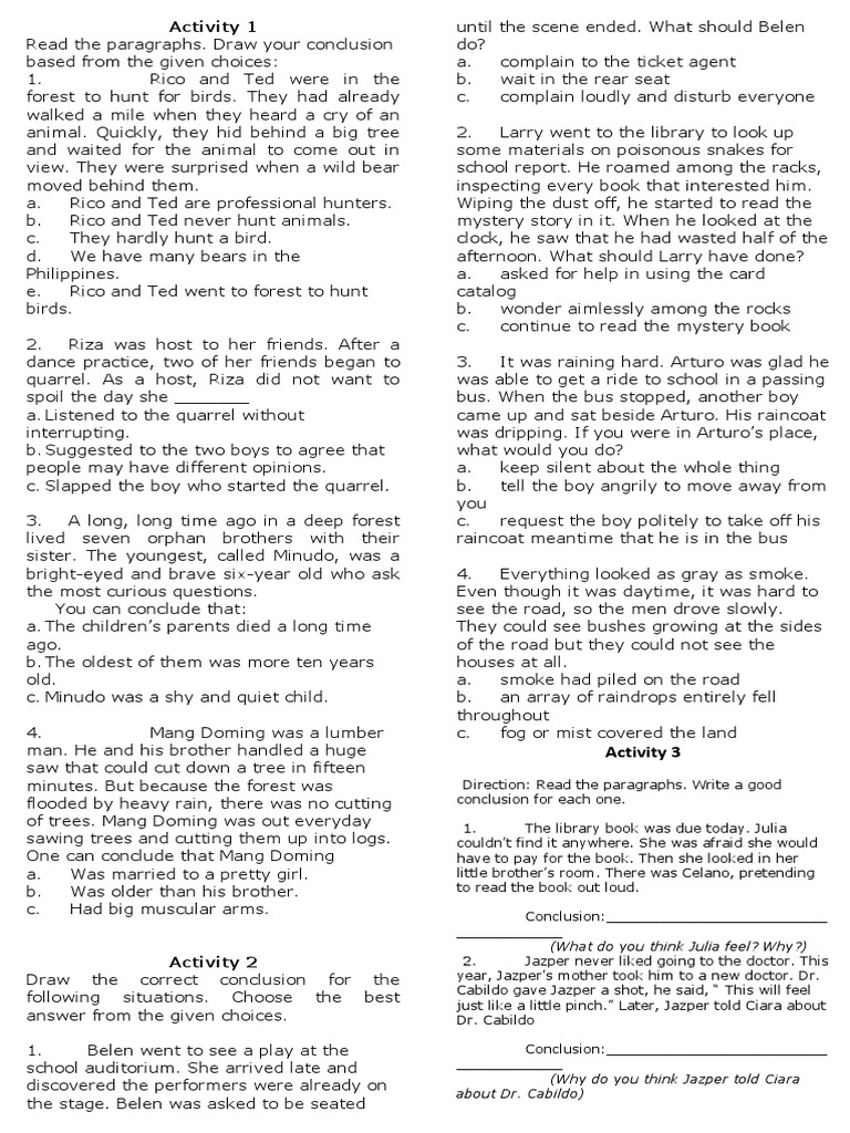 Drawing Conclusions Activities for Grade 5 | PDF