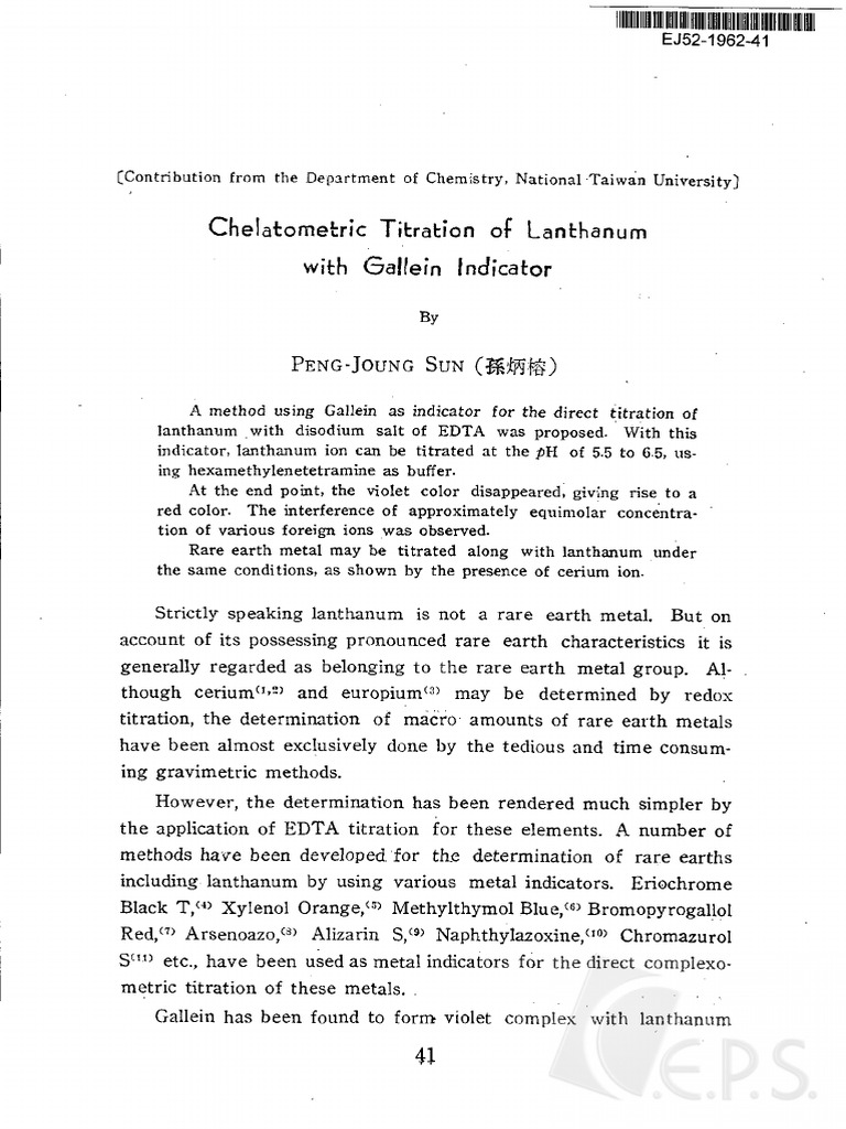 Chelatometric Titration of Lanthanum With Gallein Indicator PDF | PDF