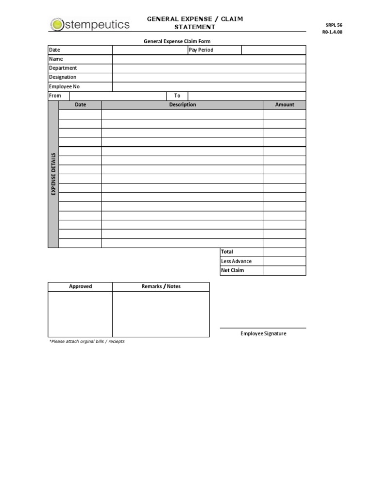Pay Period Name Department Designation Date: General Expense Claim Form ...