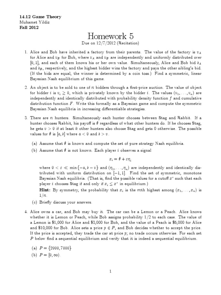 MIT14 12F12 Pset5 | PDF | Economics Of Uncertainty | Game Theory