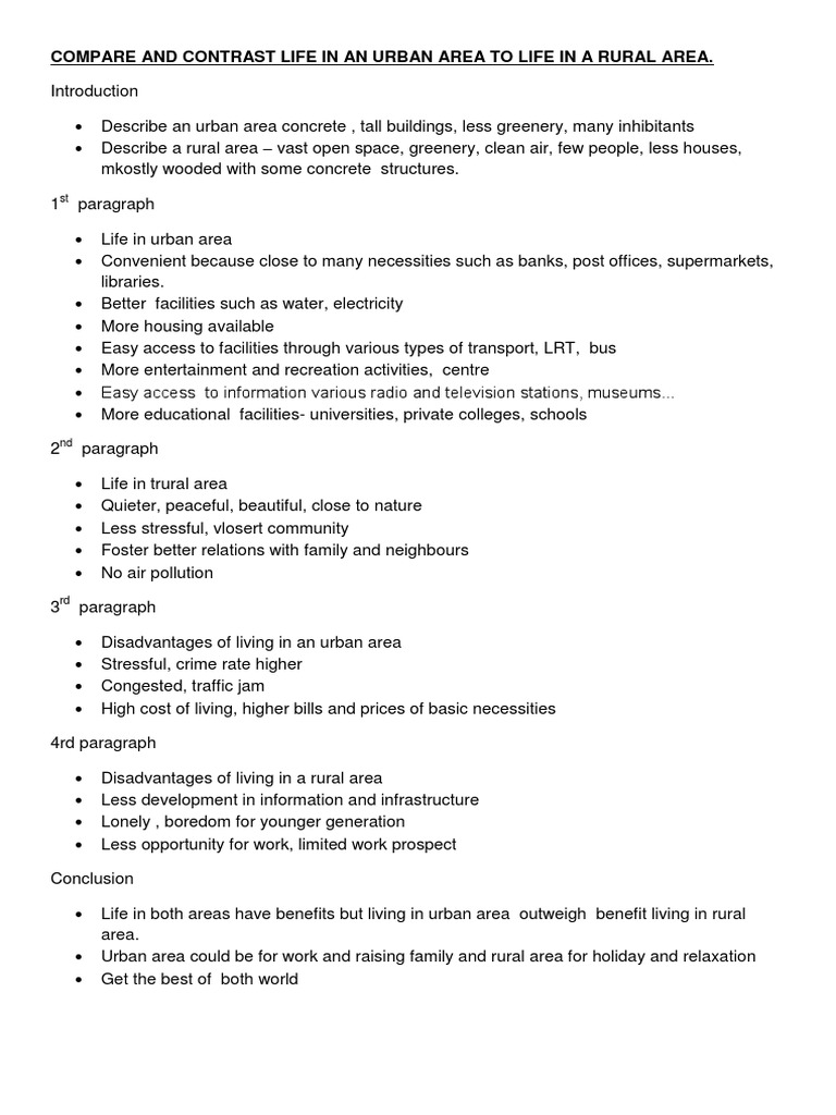 Compare And Contrast Life In An Urban Area To Life In A Rural Area