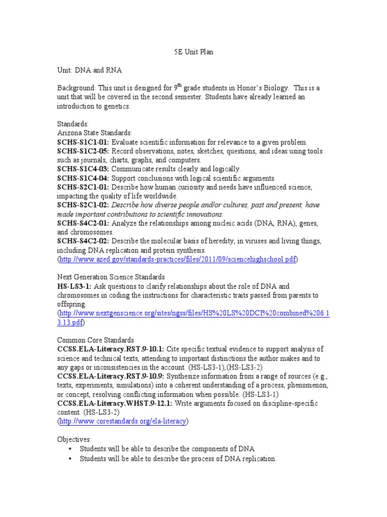5e Unit Plan | PDF | Translation (Biology) | Dna