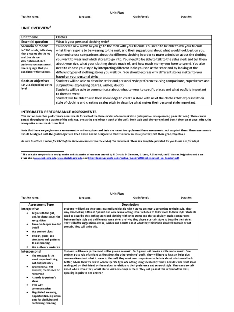 Unitplantemplate 4 3 La Ropa Spanish 3 Updated | PDF | Vocabulary ...