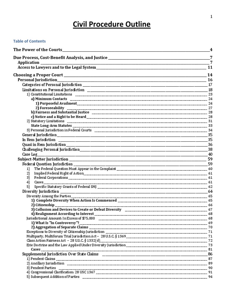 Civil Procedure Outline | PDF | Diversity Jurisdiction | Discovery (Law)