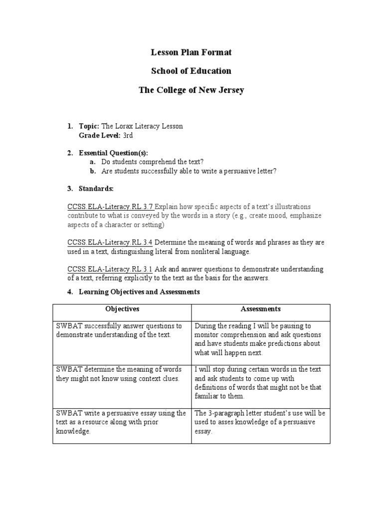 Lorax Lesson Plan | PDF | Reading Comprehension | Lesson Plan