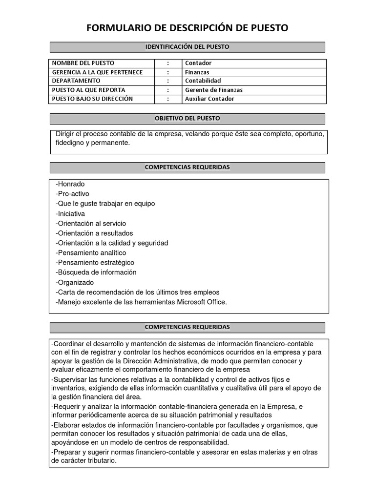 Formulario de Descripción de Puesto | Descargar gratis PDF ...