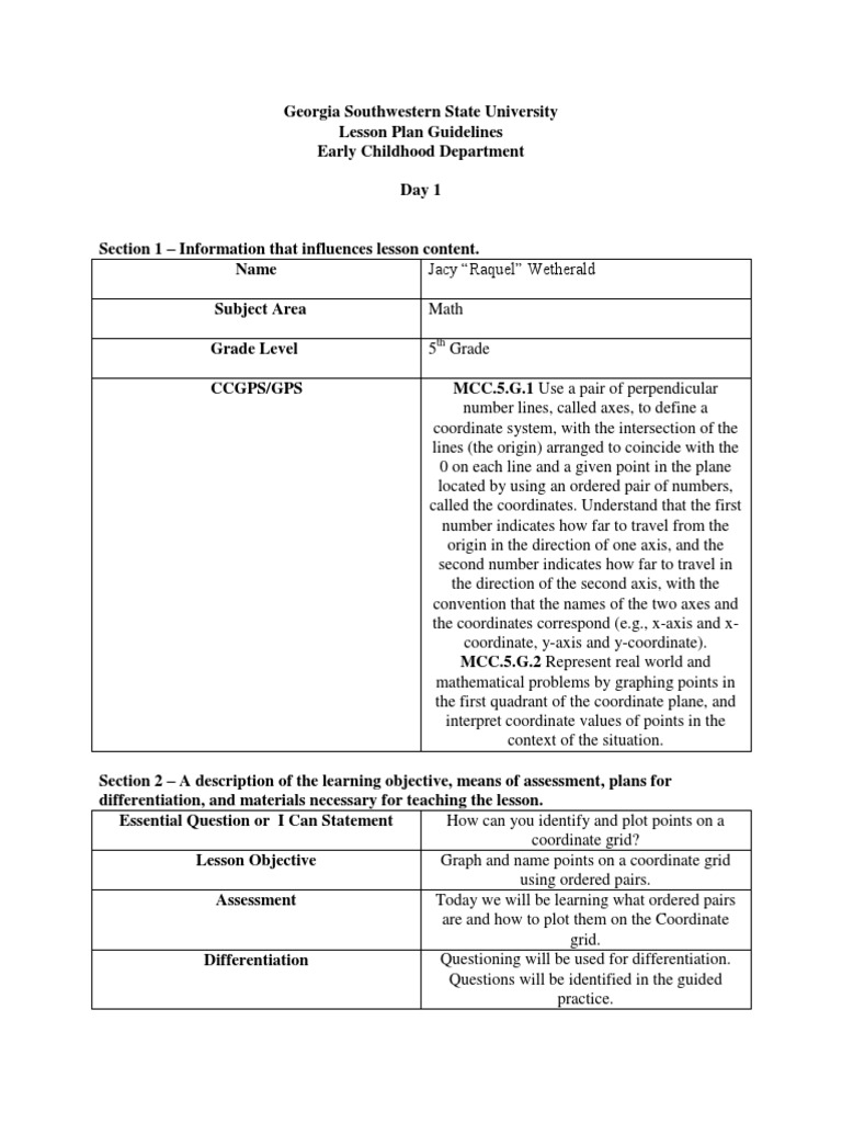 Lesson Plan 1 Cartesian Coordinate System Coordinate System
