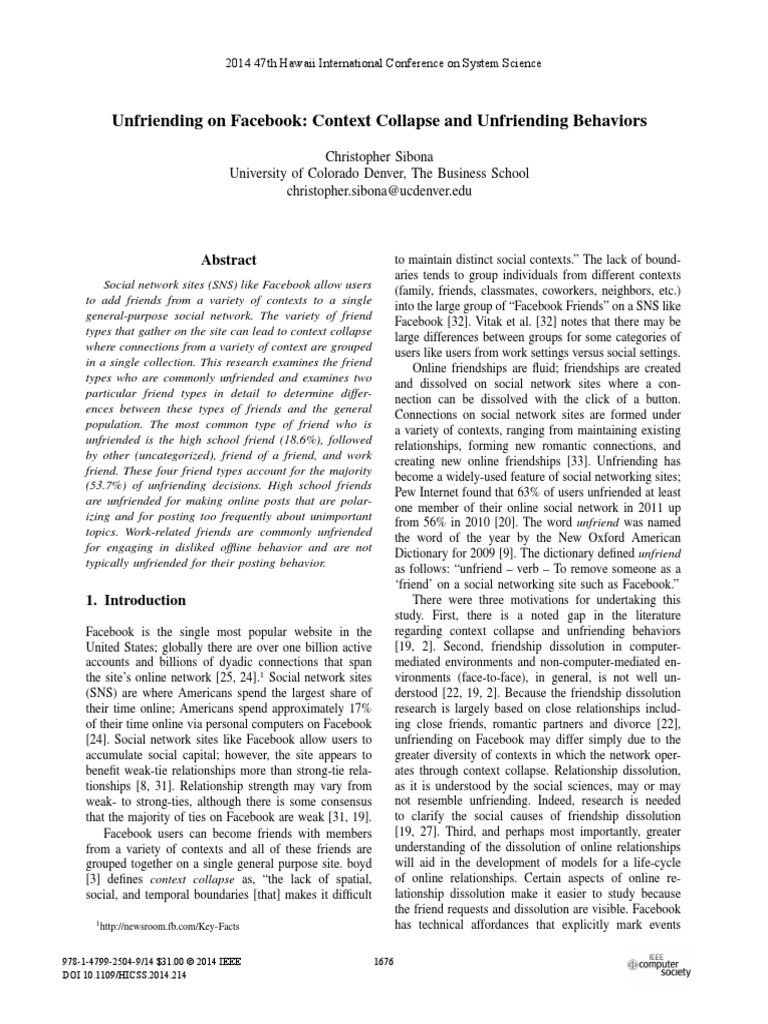 Christopher Sibona Unfriending On Facebook Study | PDF | Social ...
