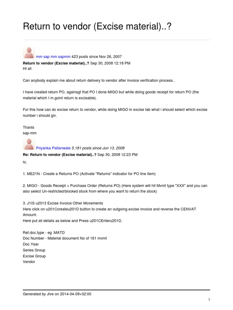 Return To Vendor (Excise Material) | PDF | Invoice | Receipt