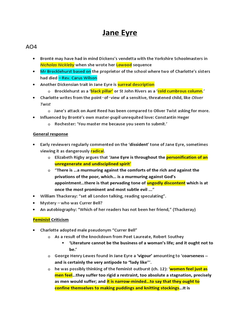Jane Eyre Revision Notes | PDF | Jane Eyre | Brontë Family