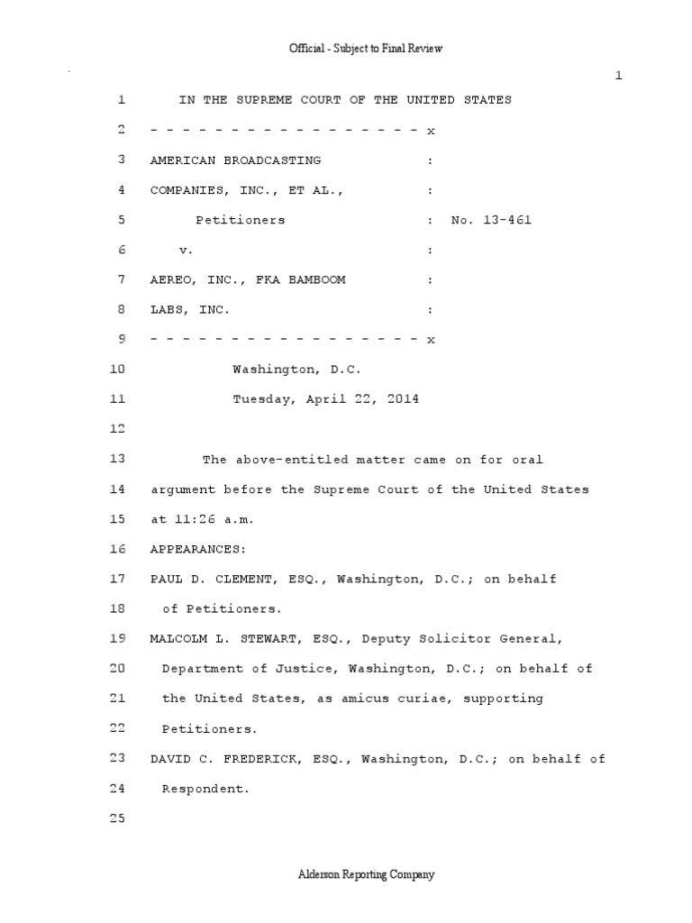 ABC v. Aereo: SCOTUS Oral Argument Transcript | PDF | Law