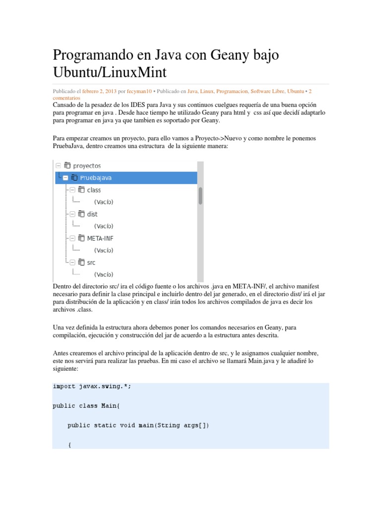 Programando en Java Con Geany Bajo Ubuntu | PDF | Java (lenguaje de ...