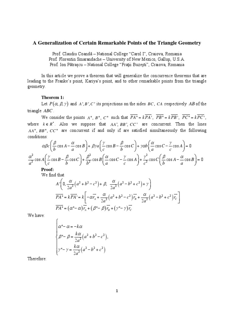 A Generalization of Certain Remarkable Points of The Triangle Geometry ...