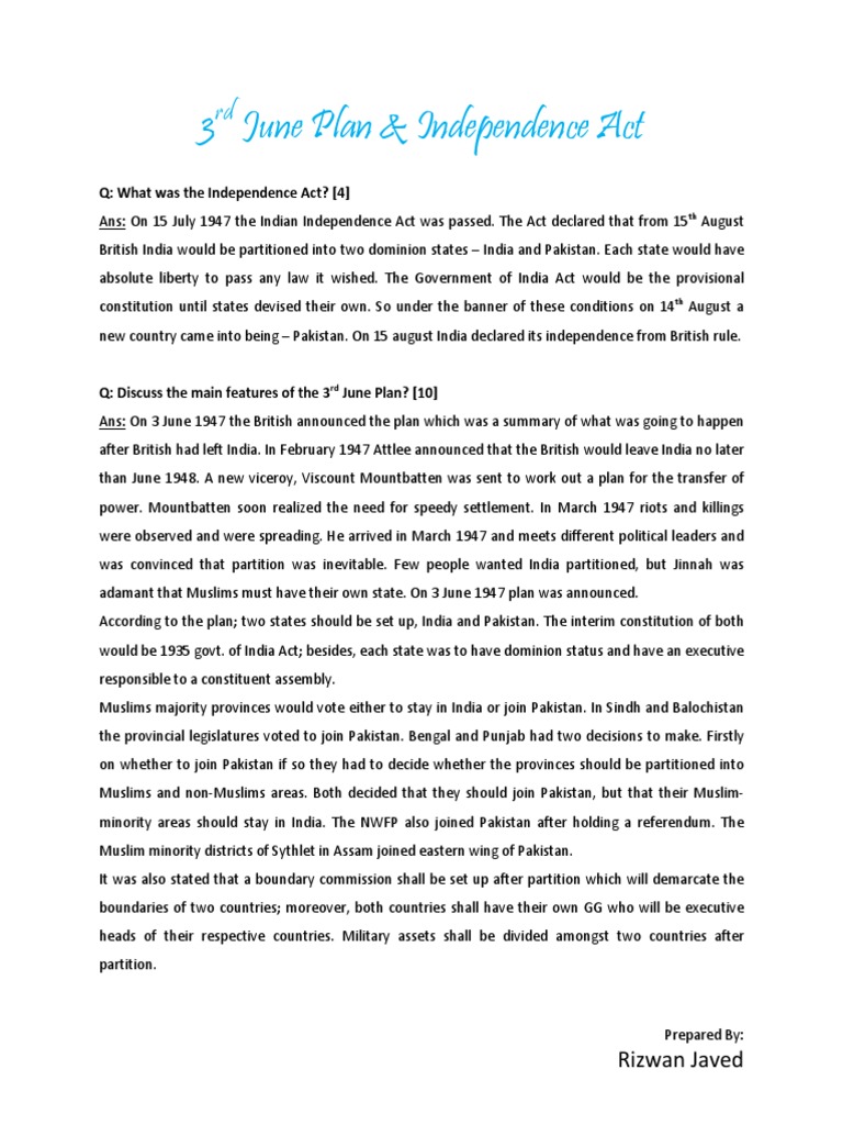 3rd June Plan Independence Act | PDF | Partition Of India | British Raj