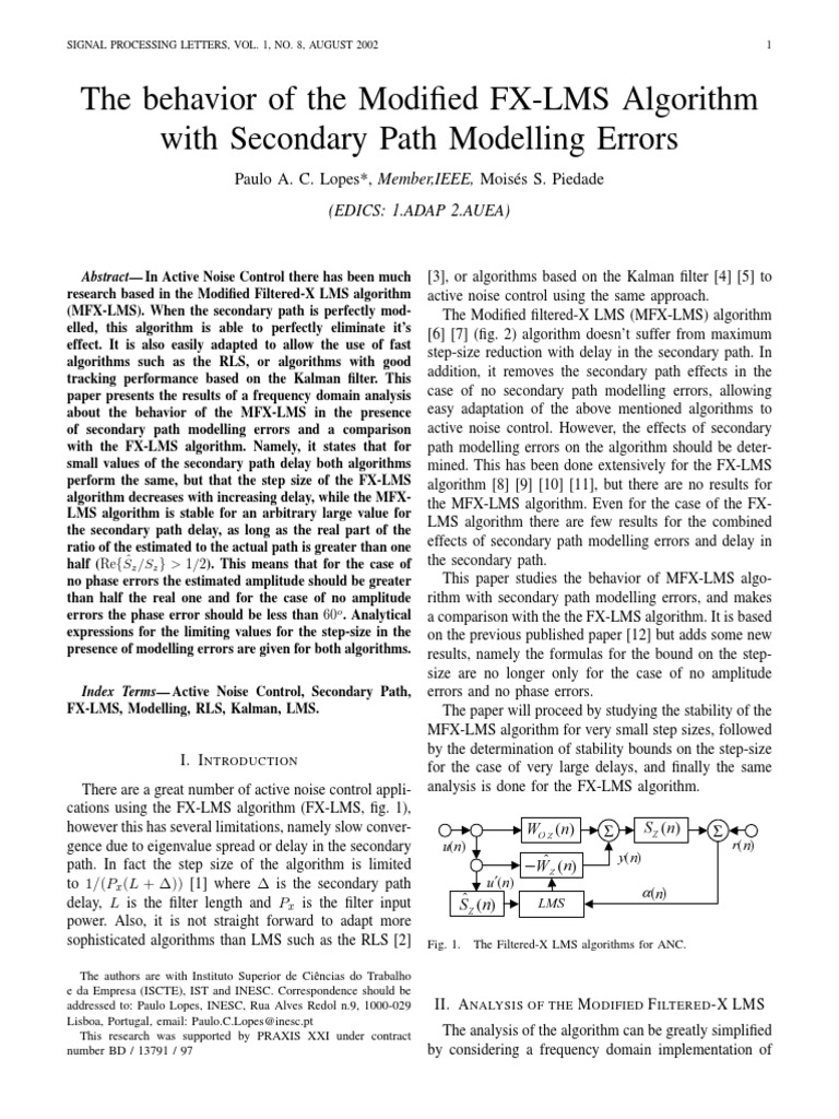 Secondary Path Effect Fxlms Algorithm Pdf Algorithms Signal Electrical Engineering