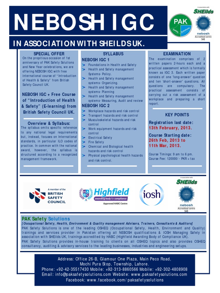 Nebosh IGC Course Brochure | Download Free PDF | Occupational Safety And Health | Safety
