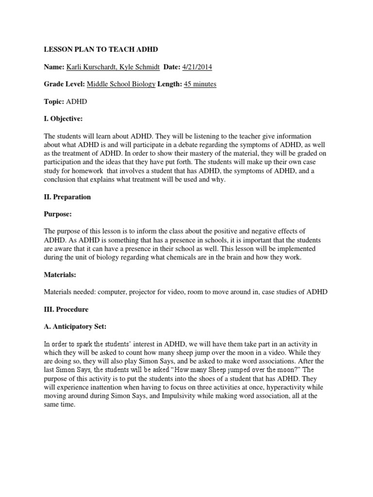 Lesson Plan Outline | PDF | Attention Deficit Hyperactivity Disorder ...