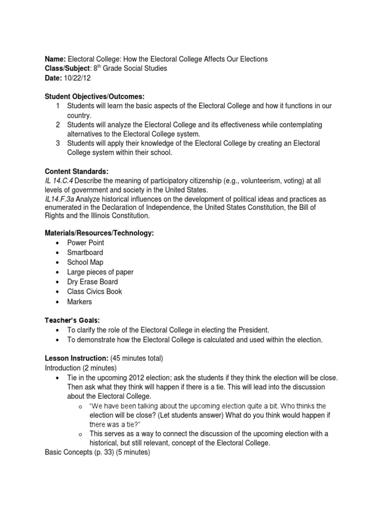 Electoral College Lesson Plan | PDF | Lesson Plan | United States ...