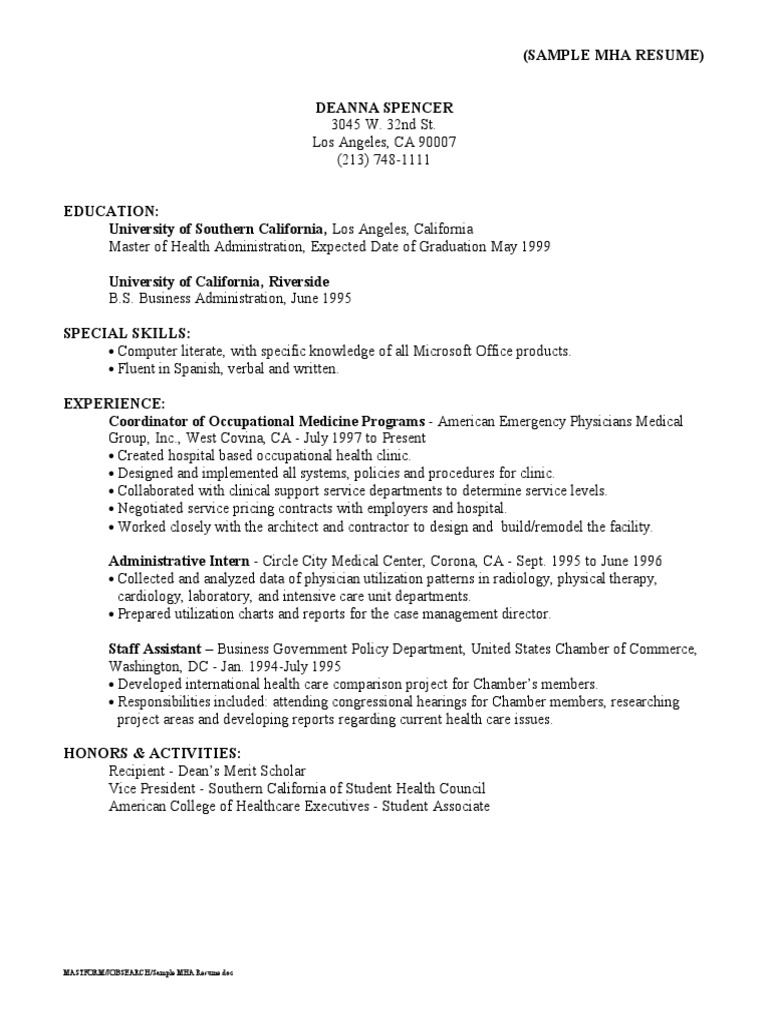 MASTFORM/JOBSEARCH/Sample MHA Resume | PDF