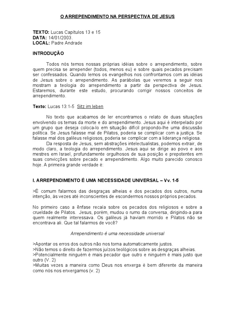 O Arrependimento Na Perspectiva de Jesus | PDF | Evangelho de Lucas | Jesus