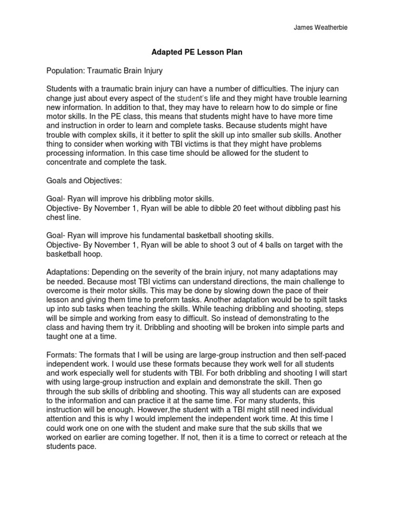 Adapted Pe Lesson Plan | PDF | Traumatic Brain Injury | Lesson Plan